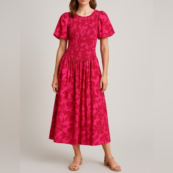 ME+EM | Dresses | Meem Pink Red Floral Smocked Midi Dress Puff Sleeve ...